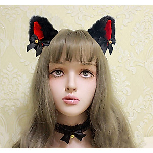 Fxaelian Animal Anime Cute Wolf Bear Cat Dog Ears Headband with Bells Bows Halloween Cosplay Costume Party Hairband Headwear Headpiece Hair Accessories for Women Men Adult Black Red