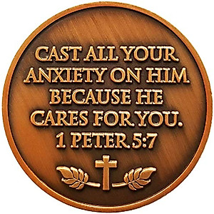 Don't Be Anxious Coin, Believe in me, Worry Stone for Anxiety, Antique Gold-Color Plated Challenge Coin, He Cares for You - 1 Peter 5:7 Gift