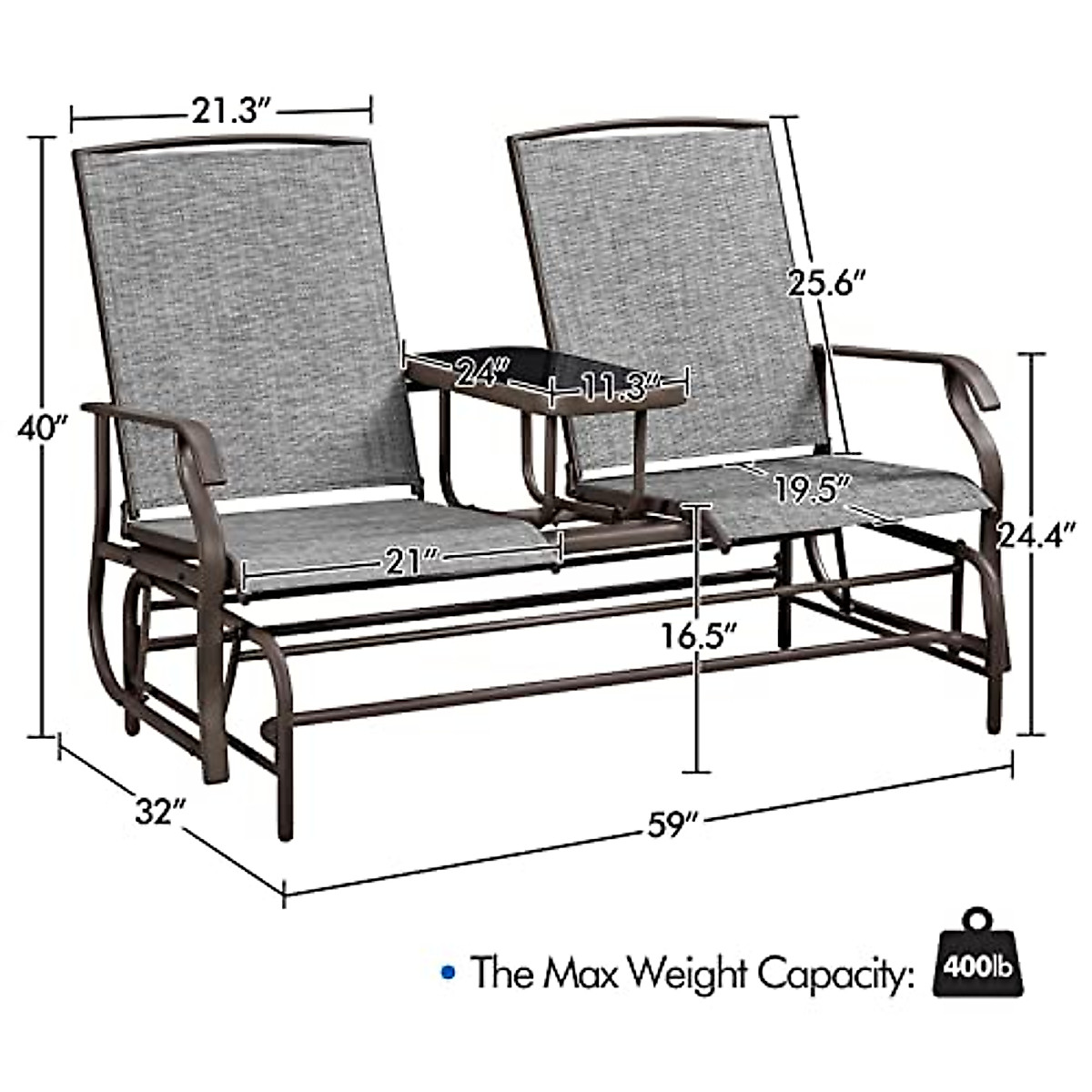 Yaheetech 2-Seat Outdoor Glider with Center Table, Patio Rocking Loveseat with Breathable Mesh Sturdy Metal Frame for Garden Pool Lawn