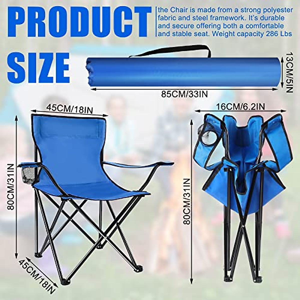 4 Pack Outdoor Folding Chairs Camp Chair Beach Chair Portable Folding Camping Chairs Lightweight Lawn Chair Foldable Sports Chair with Cup Holder Carrying Bags (Blue,19.7 x 19.7 x 31.5 Inch)