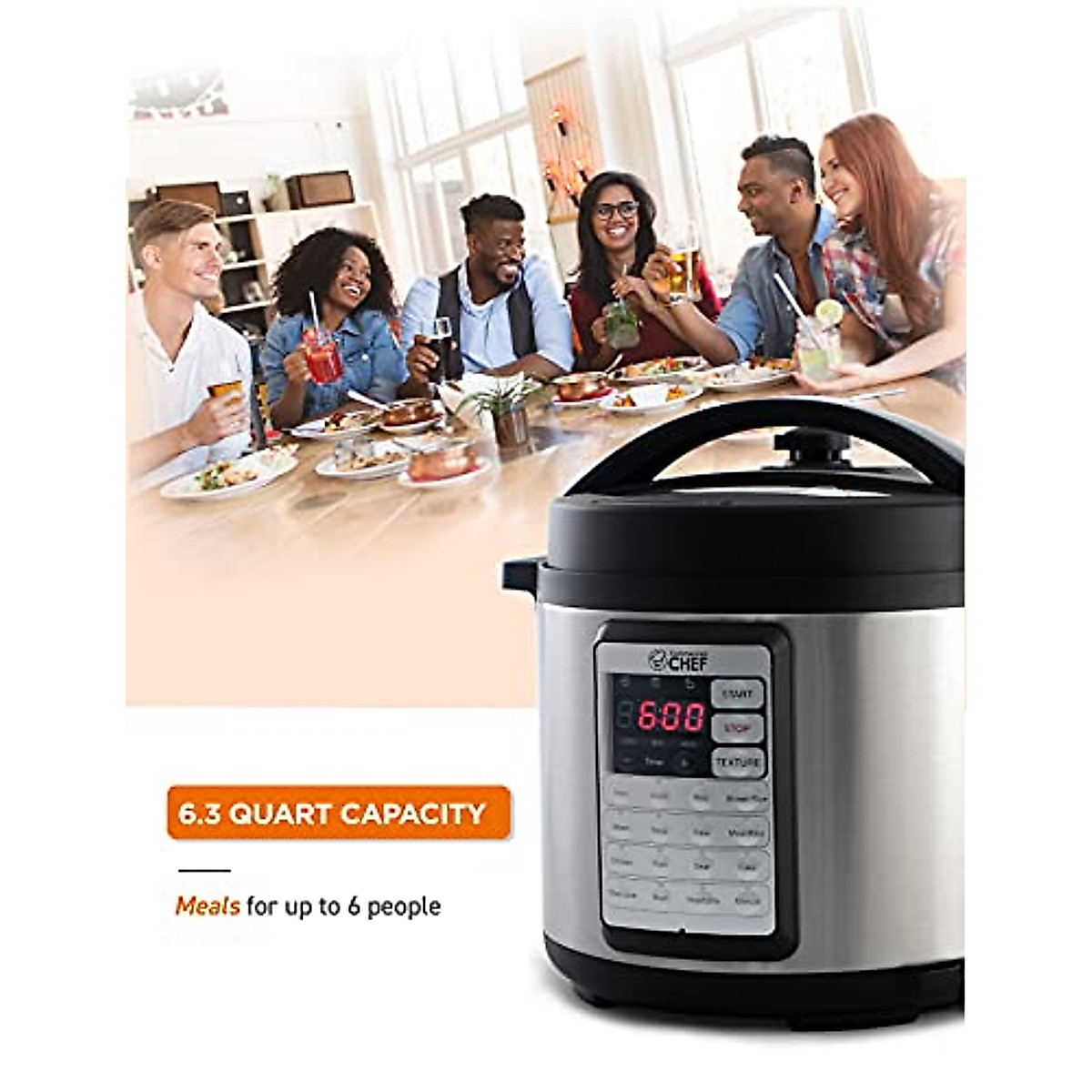 Commercial Chef Electric Pressure Cooker 6.3 Quarts, 24-Hour Preset Timer, Stainless Steel Interior with Safety Features