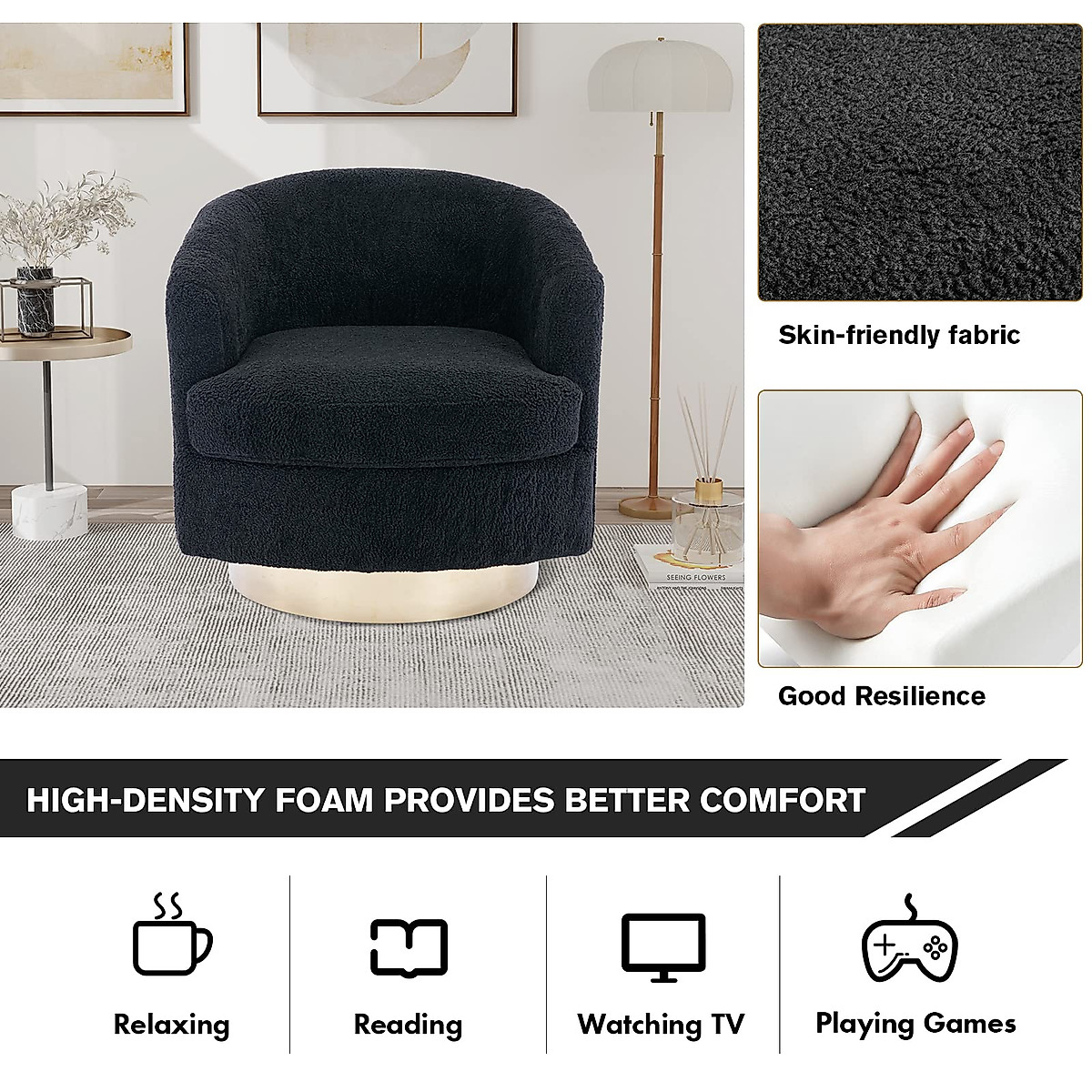 Dxacvkc 30.7" W Boucle Chair Swivel Barrel Chair Comfy Round Accent Sofa Chair for Living Room, 360 Degree Club Chair, Leisure Arm Chair for Nursery/Bedroom/Living Room/Lounge Hotel/Office, Black