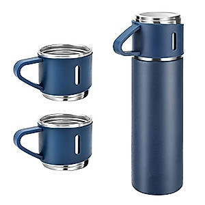 Coffee Thermos Stainless Steel Vacuum-Insulated Water Bottle, 500ml/16.9oz Insulated Bottle with Cup for Hot & Cold Drink Travel Mug (Blue, Three Cup)