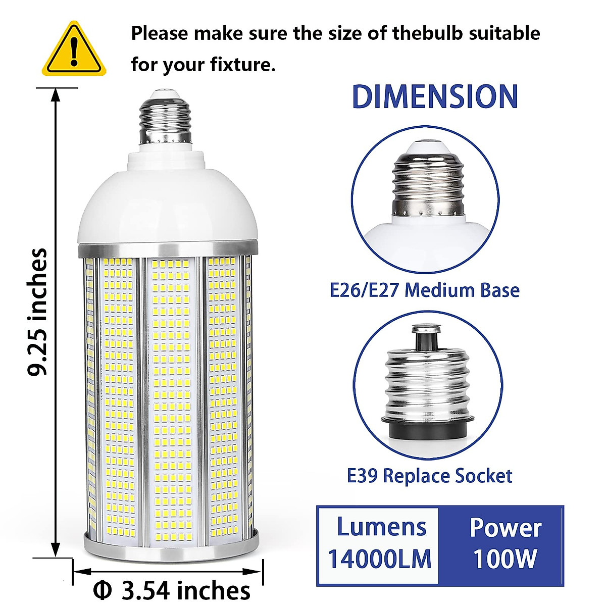100W LED Corn Bulb, E26/E39 Mogul Base Lamp, 14000LM,5000K Daylight,AC85-265V, Replacement 350-400 Watt Metal Halide HID HPS CFL for Warehouse Parking Lot High Bay Light Fixture Garage Workshop