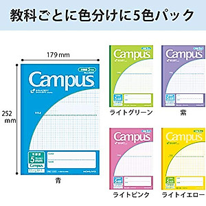 KOKUYO Campus Notebook B5 (5 Colors 5mm Grid Ruled, Pack of 5)