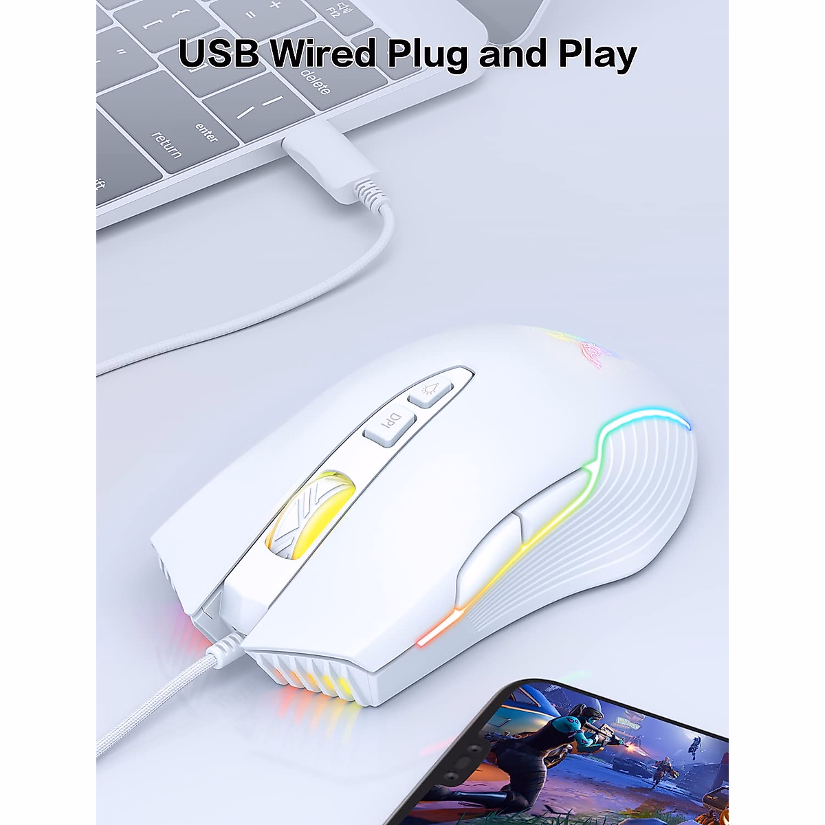 PHNIXGAM Wired Gaming Mouse, Ergonomic RGB Computer Mouse with RGB Backlight, Adjustable DPI UP to 6400, 7 Programmable Buttons for Windows Vista Linux (White)