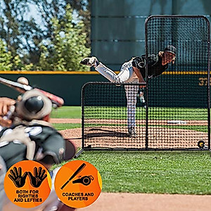 L Screen Baseball Pitching Net for Batting Cage | Pitching Screen with Wheels-7 feet by 7 feet, 3.5 Inch by 3.5 Inch Cutout, Body Protector for Back Drive Lines Beisbol