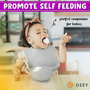 OZEY Silicone Baby Feeding Set: 100% Food Grade Baby Bib, Toddler Suction Plates and Bowls Set, Spoon, Fork, Cup, Straw-Baby Led Weaning Supplies (Grey), Small, Gray, 12232
