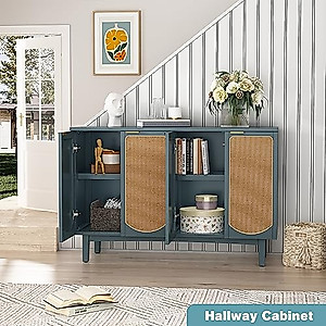 ARTPOWER Sideboard Buffet Cabinet with 4 Rattan Doors, Accent Storage Cabinet with Shelves, Free Standing TV Console Table, Modern Teal Credenza for Kitchen, Dining Room, Living Room, Hallway