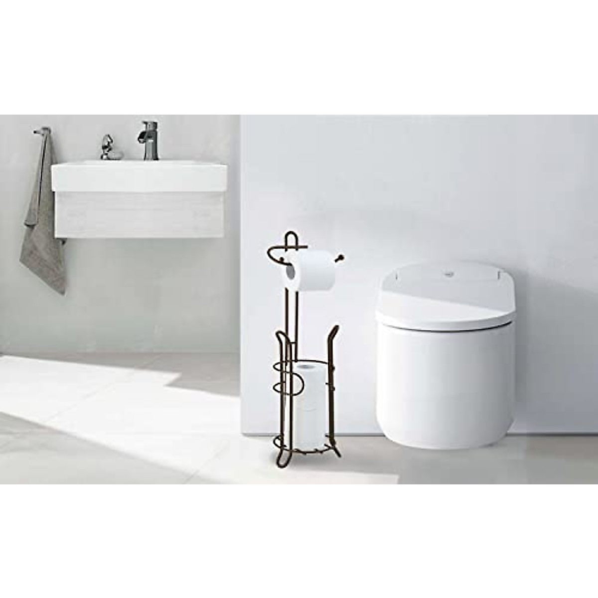 SunnyPoint Bathroom Toilet Tissue Paper Roll Storage Holder Stand with Reserve, The Reserve Area Has Enough Space to Store Mega Rolls; Coating Bronze