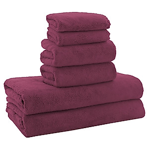 MOONQUEEN Ultra Soft Microfiber Coral Velvet Towel Set - Quick Drying, 2 Bath Towels, 2 Hand Towels, 2 Washcloths - Burgundy, 6 Pcs