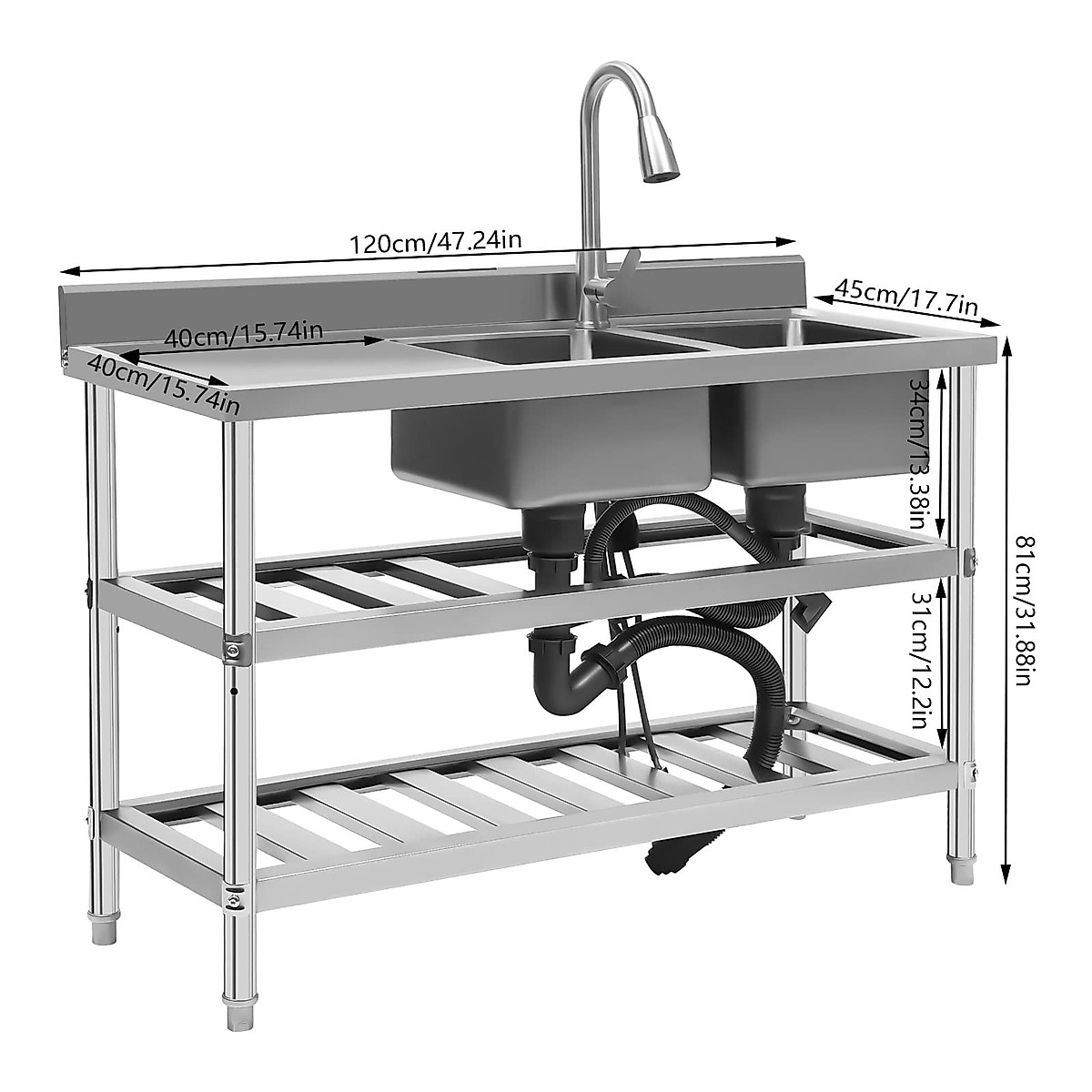 Free Standing Commercial Kitchen Sink 2 Compartment Stainless Steel Prep & Utility Sink 201 Stainless Steel Freestanding Kitchen Sink for Restaurant, Kitchen, Outdoor (Dual Bowl Style w/Baffle)