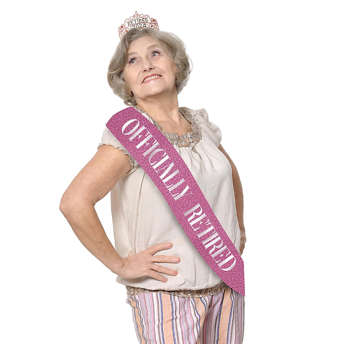 2024 Retirement Tiara & Sash - Officially Retired Sash & Crown for Parties, Events, Gifts, Favors, and Decorations (Pink)