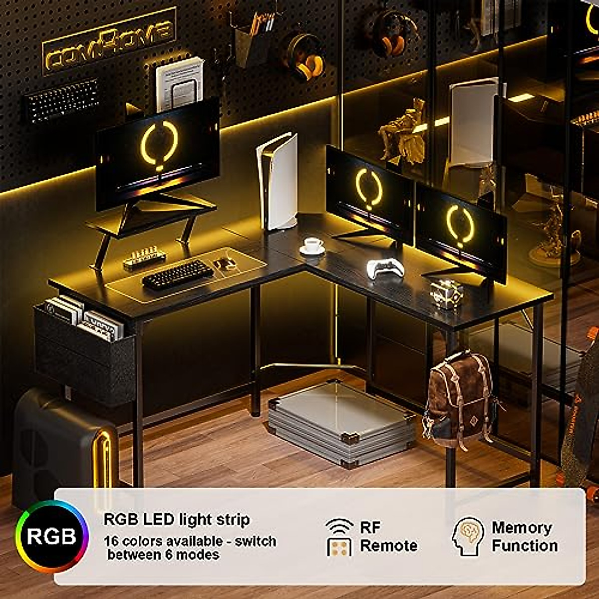 COMHOMA L Shaped Gaming Desk with LED Lights, 51" Gaming Corner Desk with Monitor Stand, Sturdy Home Computer Office Desk with Storage Bag, PC Gaming Table, Gaming Table for Writing Workstation, Black