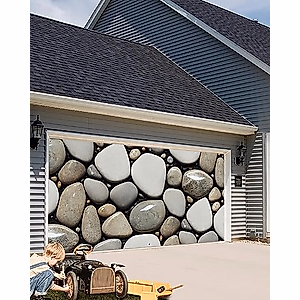 Black White Pebble Texture Garage Door Decorations, Abstract Modern Art Garage Door Banner Cover with Grommets, Garage Door Mural Backdrop Decoration for Indoor Outdoor Wall Door Photography 7x8ft