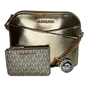 Michael Kors MICHAEL Michael Kors Jet Set Travel MD Dome XCross Crossbody bundled with SM TZ Coinpouch Purse Hook (Pale Gold/Signature Pale Gold)