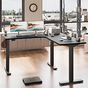 Furmax L Shaped Standing Desk, Electric Height Adjustable Sit Stand Desk with Wooden Desktop, Home Office Desk with Memory Preset Function and Hook (Black)