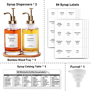 Syrup Dispenser, Coffee Syrup Dispenser for Coffee Bar, Simple Glass Syrup Bottle w 84 Labels and Bamboo Tray, Syrup Pump Dispenser 16.9 oz 500 ml, Set of 2, Gold, Coffee Bar Accessory