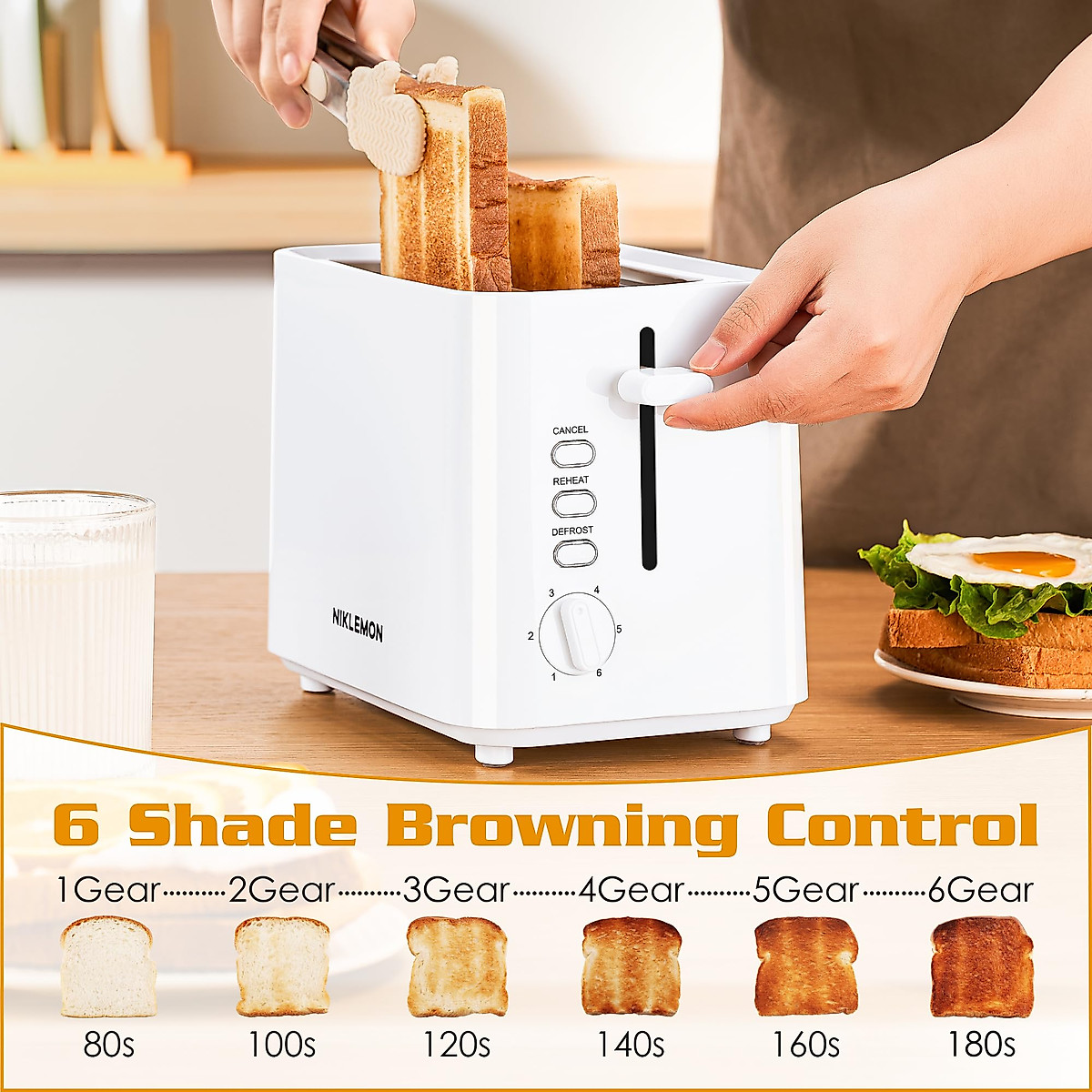 Toaster 2 Slice, NIKLEMON Small Compact Plastic Toaster with 6 Browning Levels and Defrost, Reheat and Cancel 3 Functions, Removable Crumb Tray, Under Base Cord Storage, White