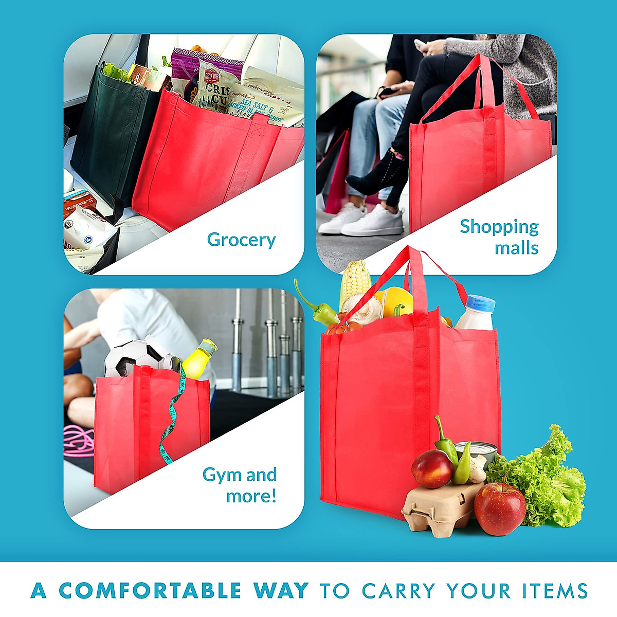 Simply Green Solutions - Reusable Grocery Bags, Wide Tote Bags with 20-Inch Reinforced Handle, Shopping Bags for Groceries, Reusable Gift Bags with Handles, 13 x 15 x 10, Pack of 10, Red