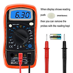 WeePro Vpro850L Digital Multimeter DC AC Voltmeter, Ohm Volt Amp Test Meter, Electric Tester Ohmmeter with Diode and Continuity Detector, Backlit Display and Insulated Rubber Case Kickstand