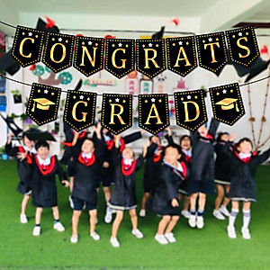 DONCIDAY Congrats Grad Banner Black and Gold, 2024 Graduation Hanging Swirls Graduate Sign for Classroom Decorations