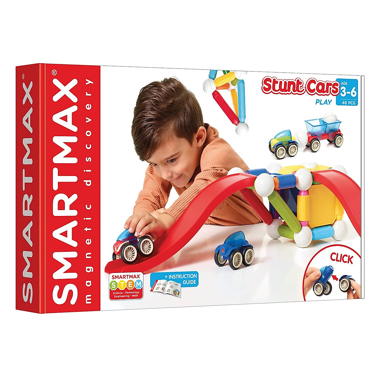 SmartMax Stunt Cars (Basic Stunt) STEM Magnetic Discovery Building Set with Moving Vehicles Featuring Safe, Extra-Strong, Oversized Building Pieces for Ages 3+