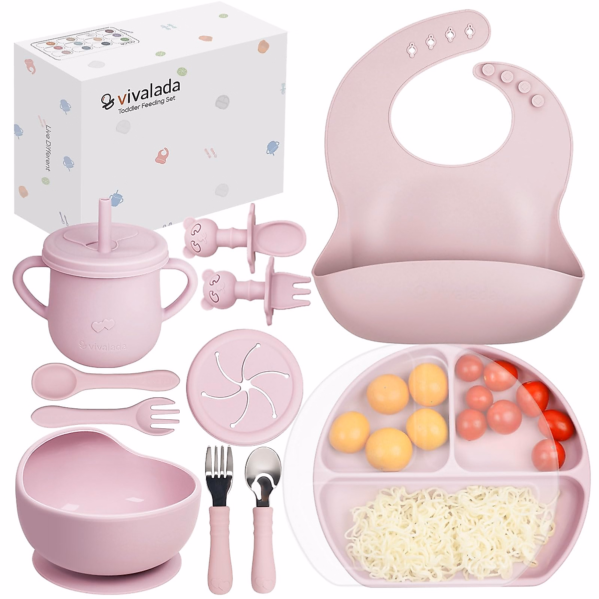 Vivalada Silicone Baby Feeding Set - 12PCS Baby Led Weaning Supplies, Baby Suction Plate with Lid and Bowl Set, Baby Self Feeding Spoons Forks Sippy Cup and Bib, Baby Eating Set 6+ Months (Pink)