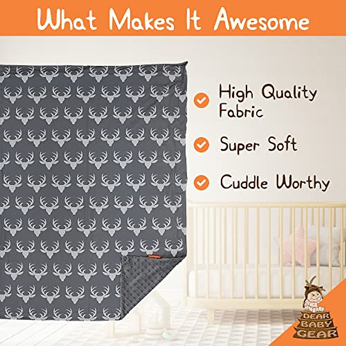 Dear Baby Gear Baby Blankets for Boys & Girls - Neutral Baby Blankets - Baby Girl Blanket & Baby Boy Blankets - Baby Blankets Unisex - Antlers Grey, Grey Blanket, No Ruffle 40x30 in
