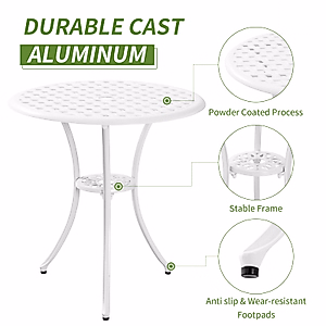 PATIO-IN 3 Piece Patio Set Cast Aluminum Patio Furniture Outdoor Bistro Table Set with Adjustable Foot Cap,Metal Bistro Table and Chair Set of 2 for Front Porch,Garden,White
