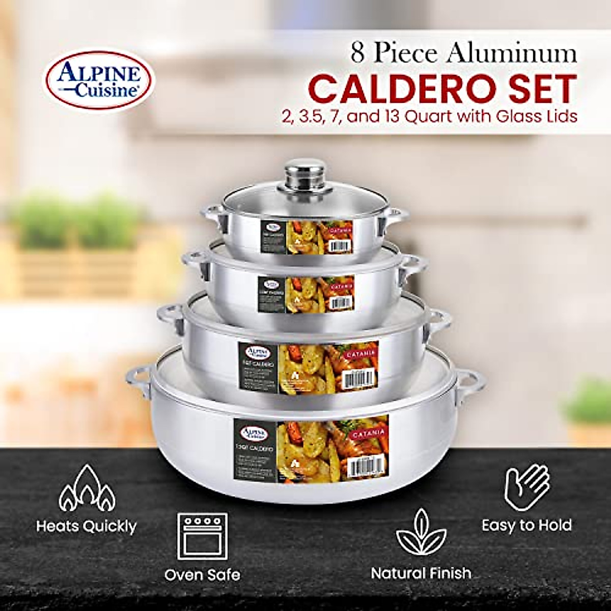 Alpine Cuisine 8 Piece Set Aluminum Caldero Stock Pot with Glass Lid, Commercial Grade Cooking Dutch Oven