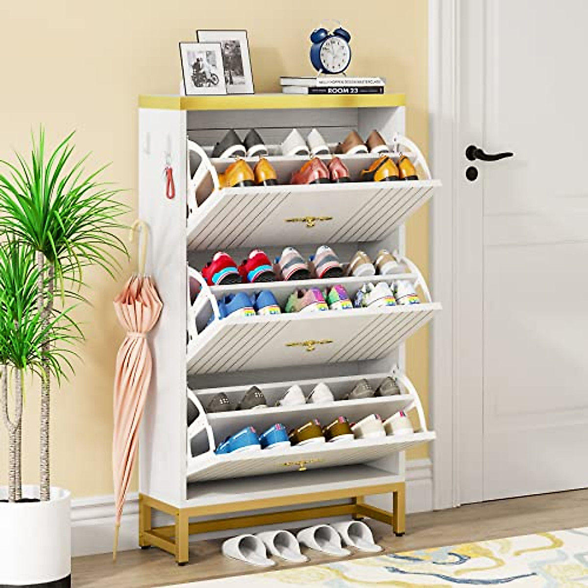 Tribesigns Shoe Cabinet with 3 Flip Drawers, Modern 18-24 Pair Shoe Rack Organizer with 2 Hanging Hooks, Freestanding Tipping Bucket Shoe Storage Cabinet for Entryway