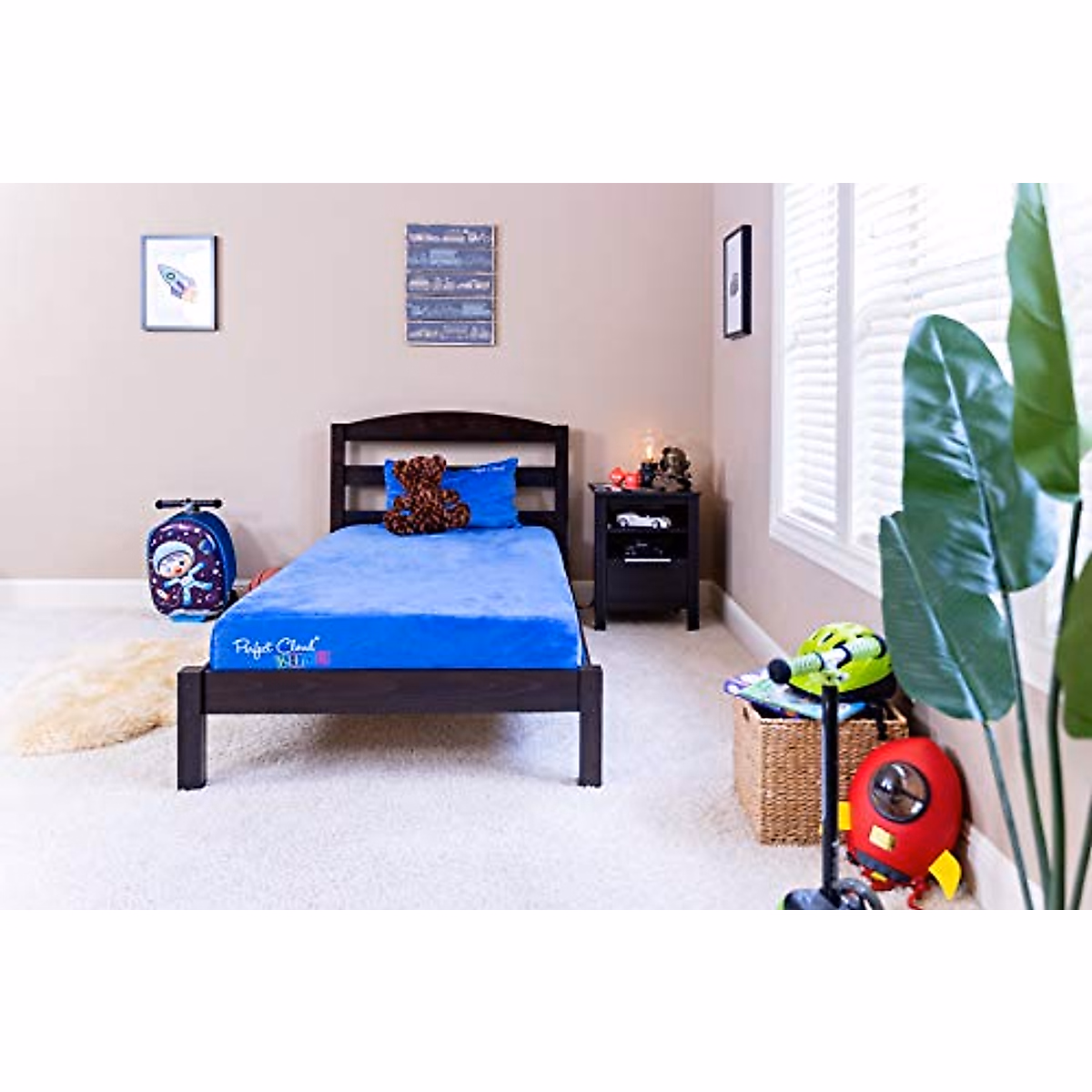 Perfect Cloud Made in The USA Kids Plush 7-inch Memory Foam Twin Mattress, Shredded Foam Pillow, and Teddy Bear for Day/Trundle/Bunk Bed - (Blue)