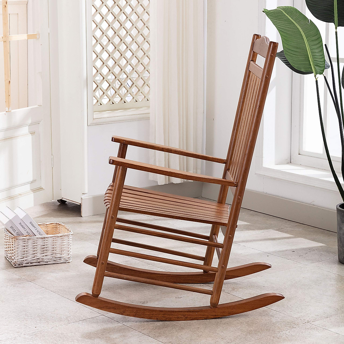 BplusZ Patio Rocking Chair Outdoor Furniture Comfy Rocker for Adults Porch Lawn Room Indoor Wooden Brown