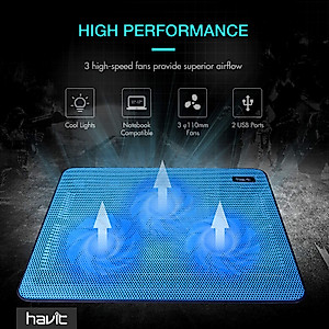Havit HV-F2056 15.6-17 Inch Laptop Cooler Cooling Pad - Slim Portable USB Powered (3 Fans) (Blue)