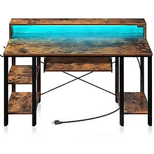 Rolanstar Computer Desk 47 inch with LED Lights & Power Outlets, Gaming Desk with Storage Shelves, Home Office Desk with Keyboard Tray, Writing Desk with Monitor Stand, Work Desk, Rustic Brown