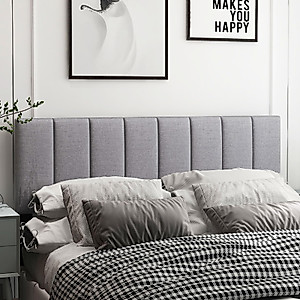 KOMFOTT Linen Upholstered Headboard for Full & Queen Size Bed, Vertical Channel Tufted Rectangular Headboard with Solid Wood Legs & Adjustable Width, Padded Bed Backboard, Easy Assembly (Gray)