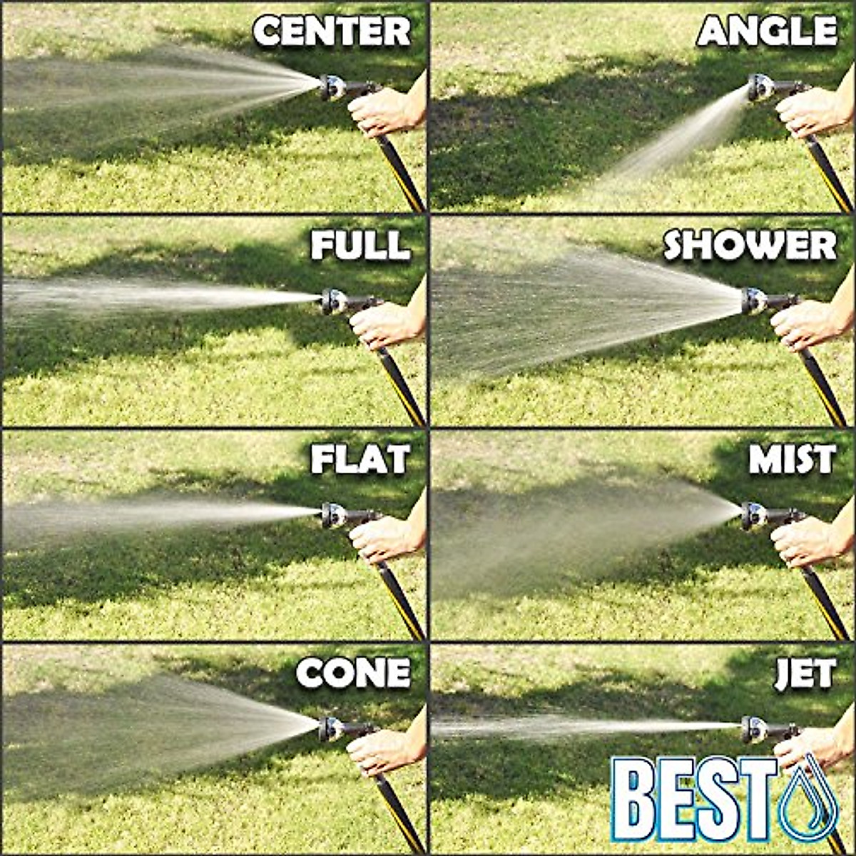BEST Garden Hose Nozzle (HIGH Pressure Technology) - 8 Way Spray Pattern - Jet, Mist, Shower, Flat, Full, Center, Cone, and Angel Water Sprayer Settings - Rear Trigger Design - Steel Chrome Design