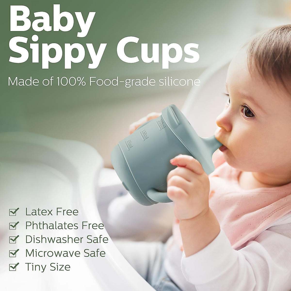 Baby Straw Cup Silicone Baby Training Cup 6 oz Infant Learning Cup Baby Training Sippy Cute Cup with Lid and Handle Baby Transition Cup for Over 6 Months Baby Infant Toddler (Seawater Green, 1)