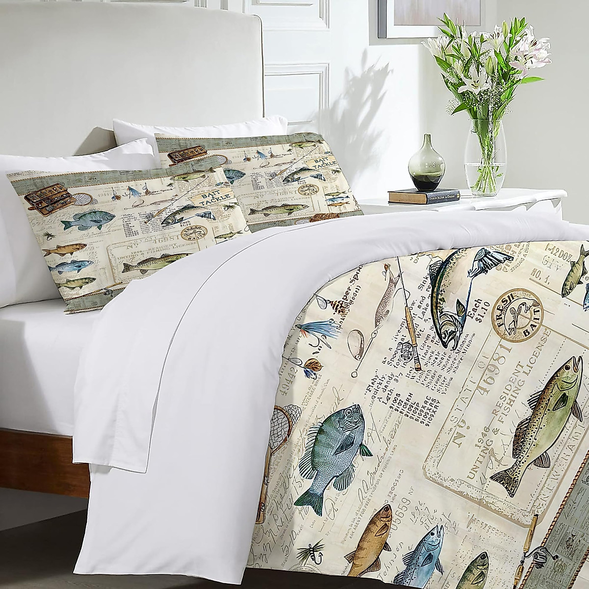 jerkboo Fishing Bedding Set Fishing Duvet Cover Twin Full Queen King Size Comforter Cover for Kids Adults Men Women Fishing Theme Quilt Cover Decorative Soft Bedding Set with 2 Pillowcases