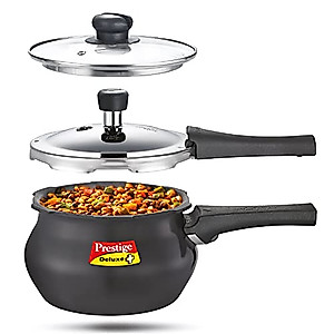 Prestige Deluxe Duo Plus Hard Anodised Handi Pressure Cooker With Stainless Steel Lid 3.0 Liters and Glass lid, medium (20144)