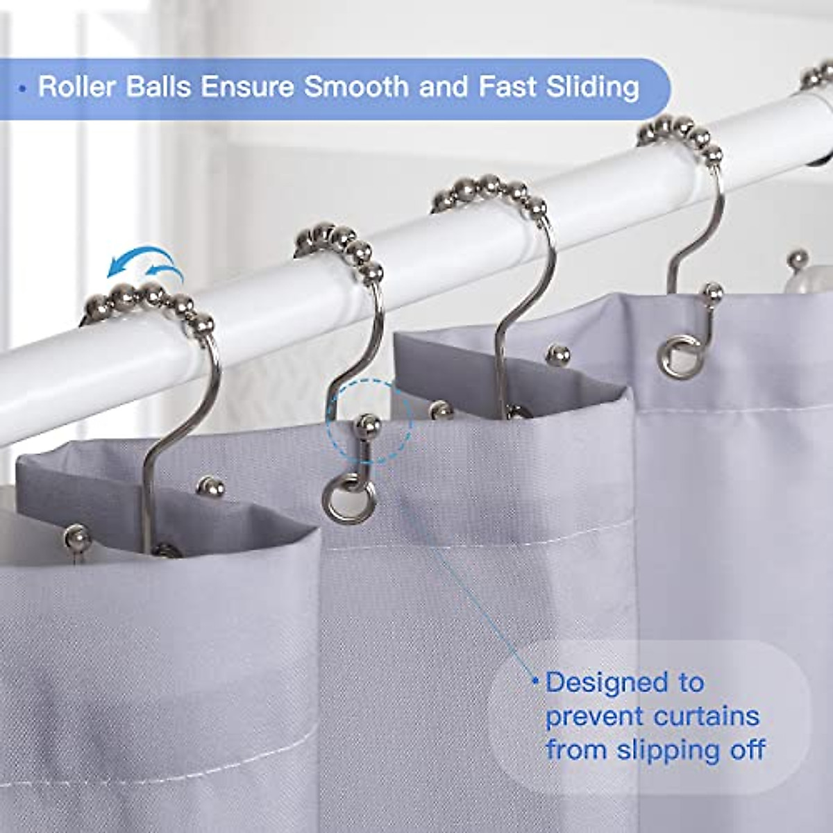 Shower Curtain Rings, SUTINE Double Shower Curtain Hooks, Rust-Resistant Metal Shower Curtain Rings, Free Sliding Stainless Steel Shower Hooks for Shower Curtains & Liners, 12pcs-Nickel