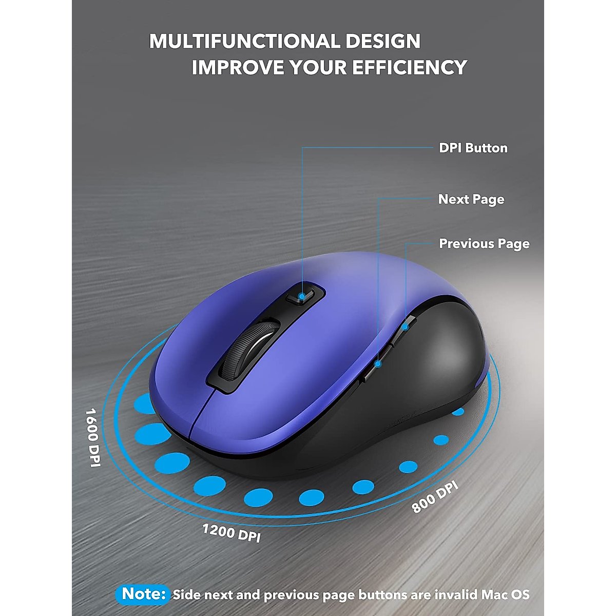 Trueque Wireless Mouse for Laptop, 2.4GHz Ergonomic Computer Mouse with Back & Forward Buttons, 3-Level DPI, 6 Buttons, Optical USB Cordless Mice for Windows Chromebook MacBook PC (Blue)
