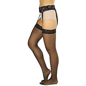 ToBeInStyle Women's All-in-1 Lace Garter Belt Sheer Backseam Stockings - Black - OS