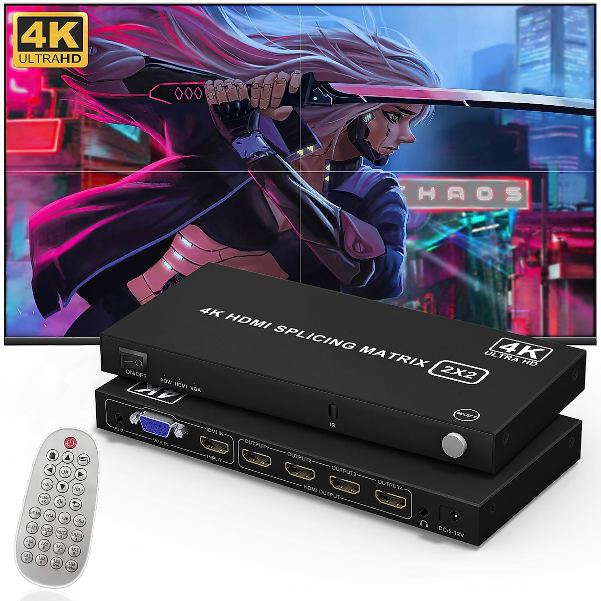 Video Wall Controller 2X2 4K TV Wall Controller HDMI Video Wall Processor - 4 Channel Splicing Display Controller with Remote Control for 4 TV Screens into 1 Wall Display