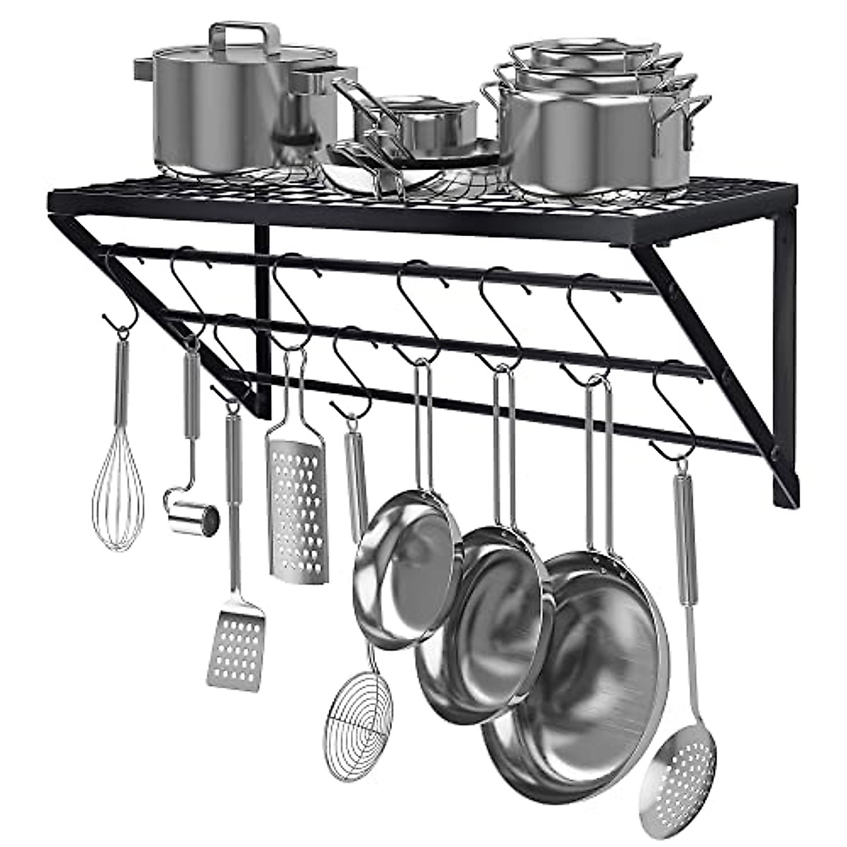Clastyle 3 Tier Hanging Pot Rack for Kitchen Wall Mounted Pot and Pan Holder with 10 Hooks Stainless Steel Kitchenware Pot Saucepan Hanger, Matte Black