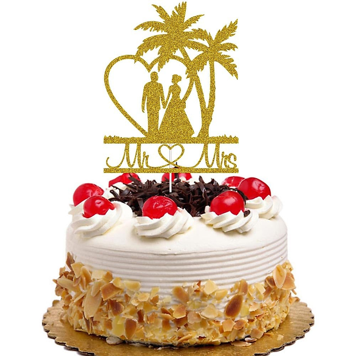 Funny Wedding Cake Topper Tropical Palm Tree Hawaii Beach Themed Wedding Party Supplies Bride & Groom with Hand in Hand Travel Theme Party Decors Gold Glitter