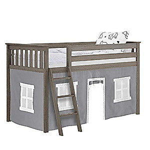 Max & Lily Low Loft Bed, Twin Bed Frame With Curtains For Bottom, Clay/Grey
