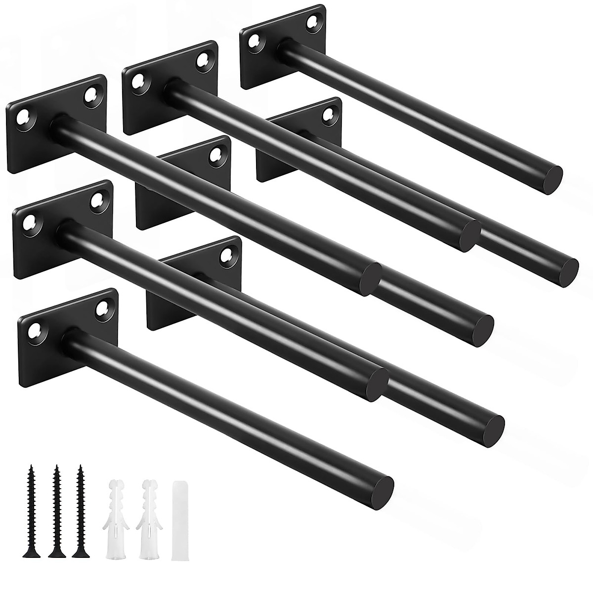 MHMYDZ 8 Pcs 6" Black Solid Steel Floating Shelf Bracket Blind Shelf Supports - Hidden Brackets for Floating Wood Shelves - Concealed Blind Shelf Support – Screws and Wall Plugs Included