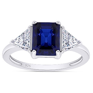 AFFY 14k White Gold Over Sterling Silver Emerald Cut Blue Sapphire With Trillion White Topaz Ring Jewelry For Womens Ring Size-7
